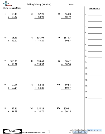 Adding Money (Vertical) Worksheet | Free - CommonCoreSheets