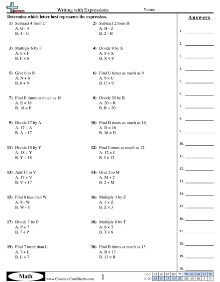6.ee.2a Worksheets | Free - CommonCoreSheets